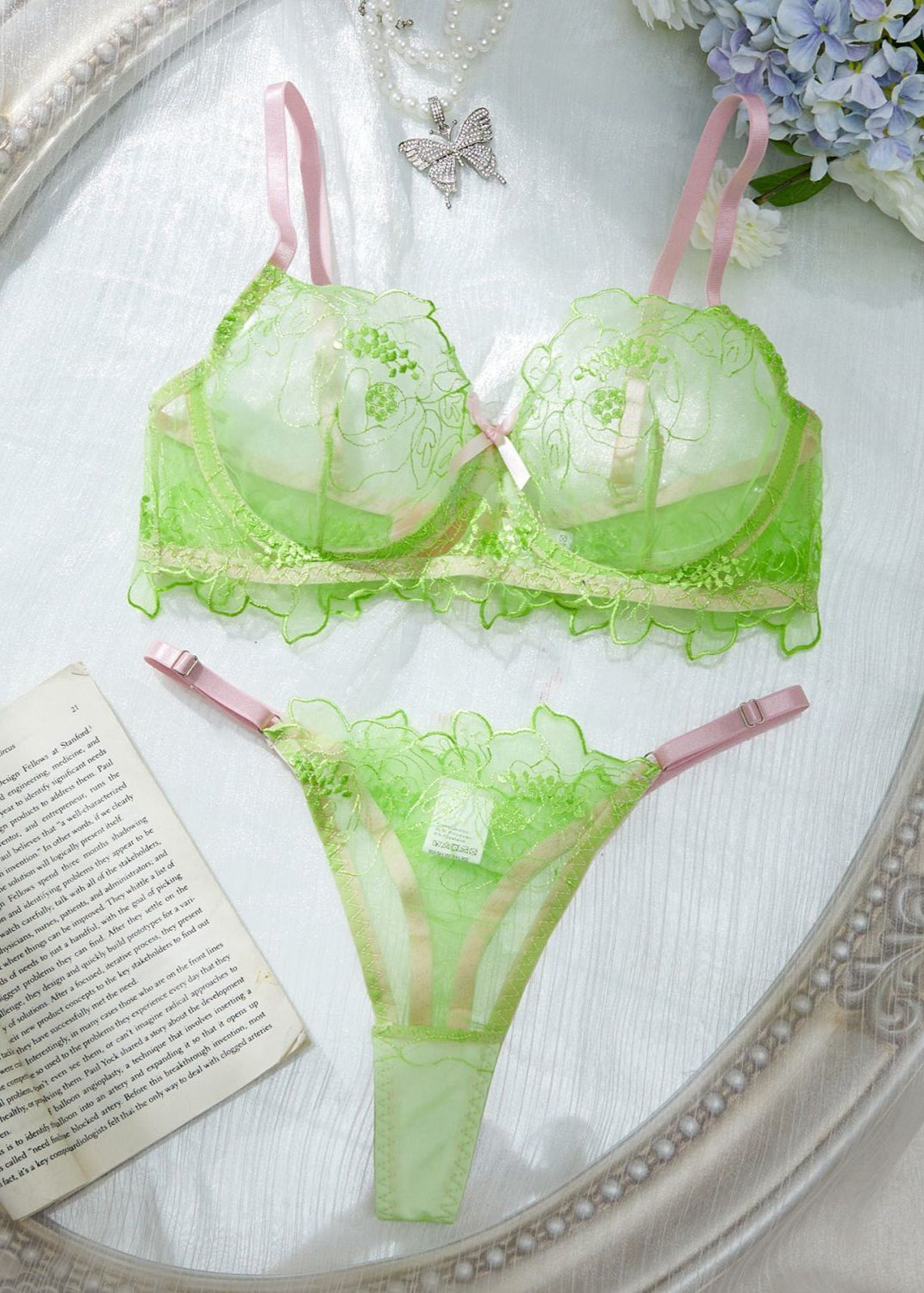 Lime Blossom - Sheer Embroidered Lingerie Set – Unboundgo